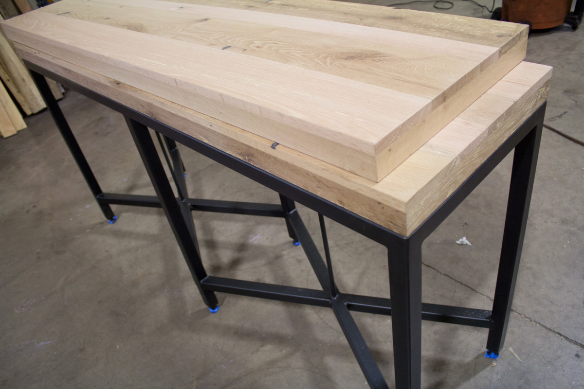 IN THE SHOP :: reclaimed oak console tables with metal base - reSAWN ...